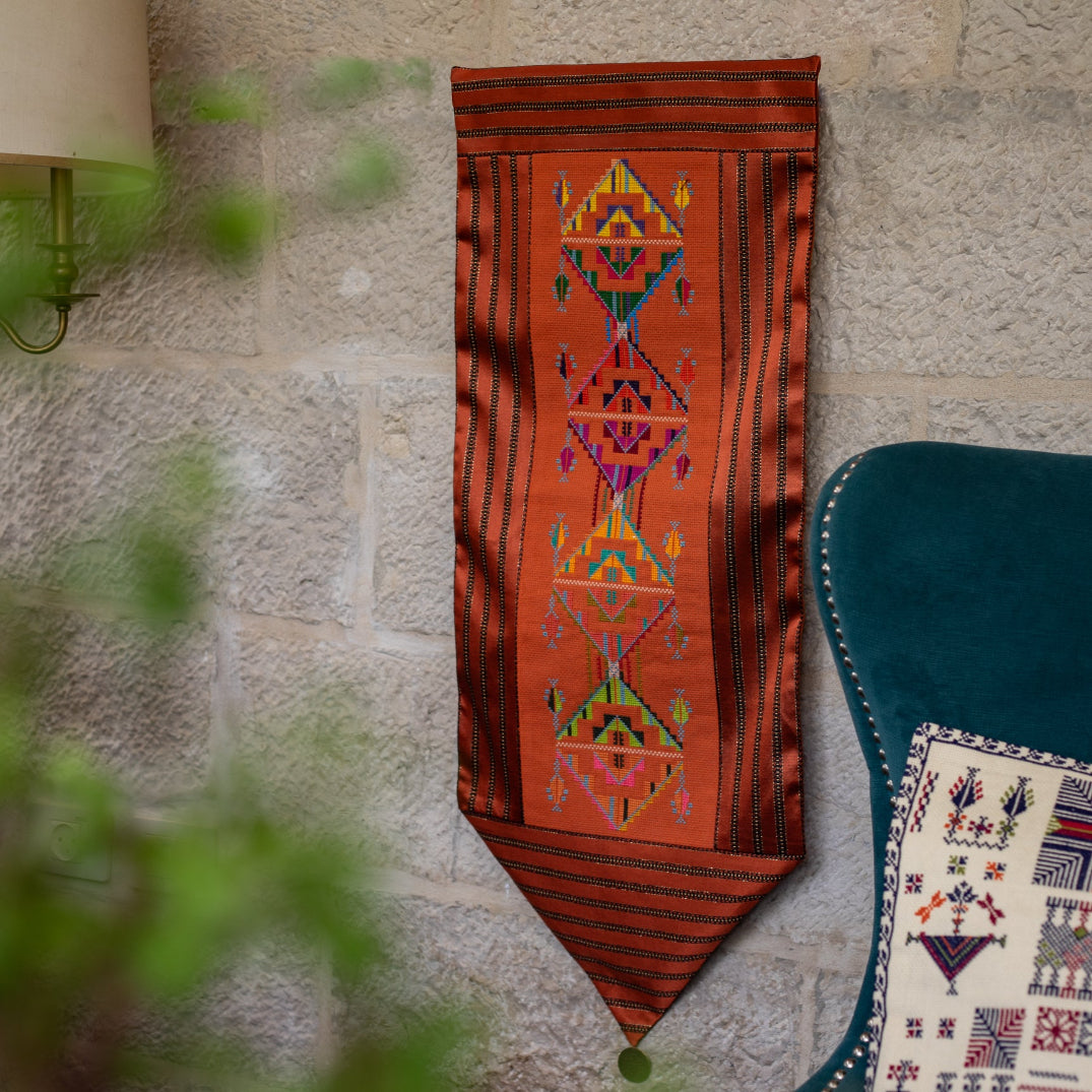 Gorgeous Palestinian Tatreez Wall Decoration with Syrian Saya Fabric