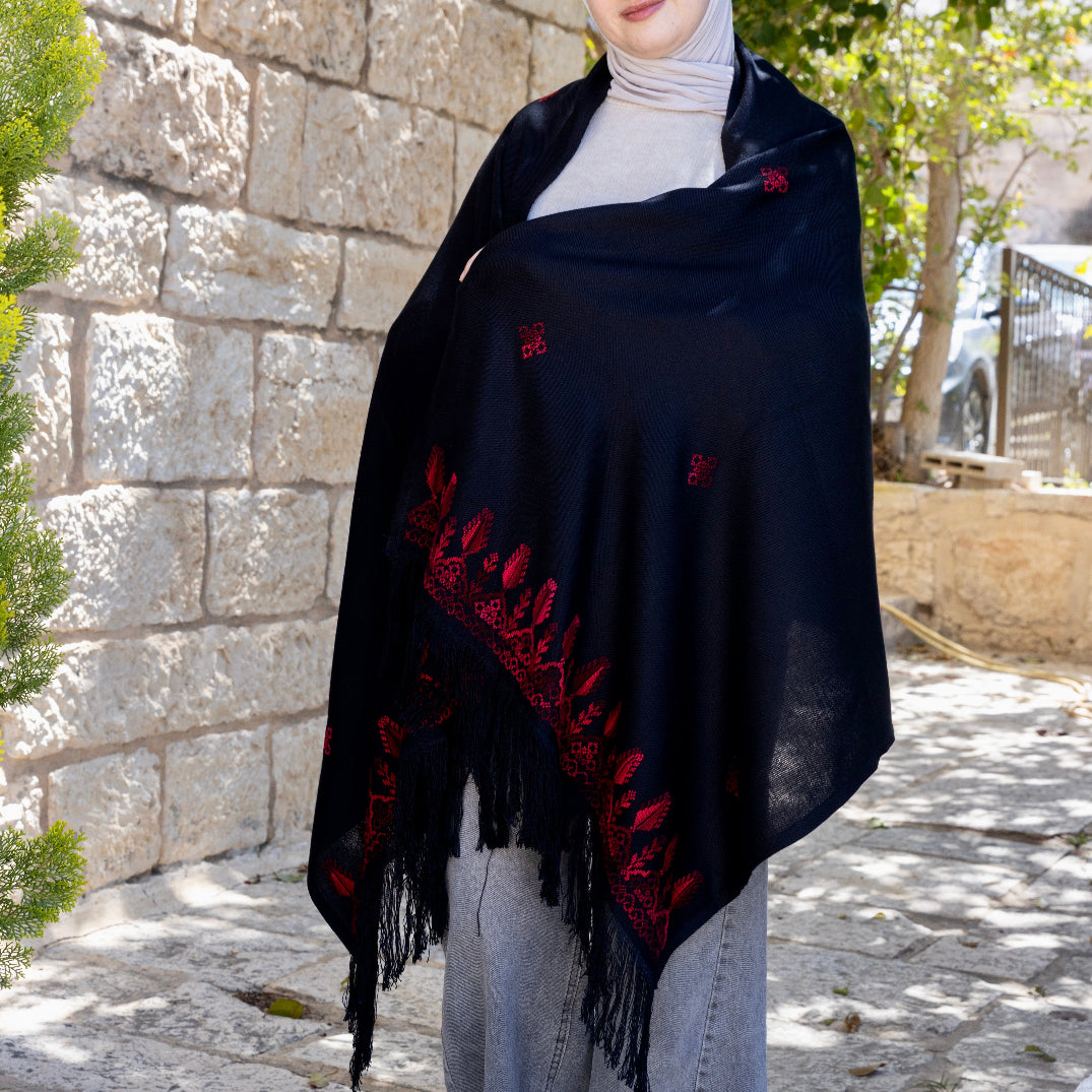 Red on Black Shawl with Palestinian Tatreez | Hand Embroidered in Pale