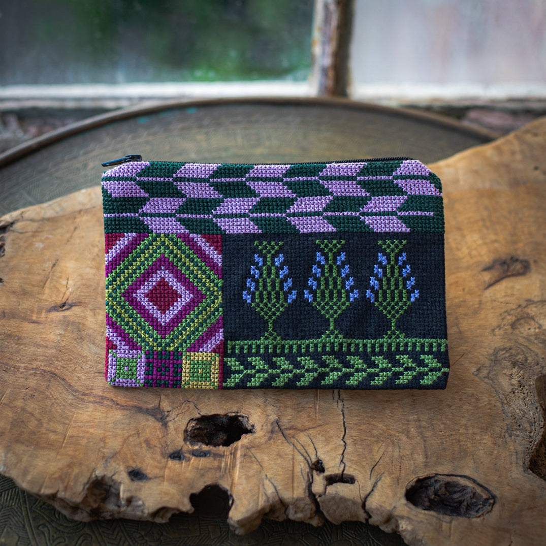 Hand Crafted Palestinian Embroidered Pouch | Tatreez Bag in Pink Diamo