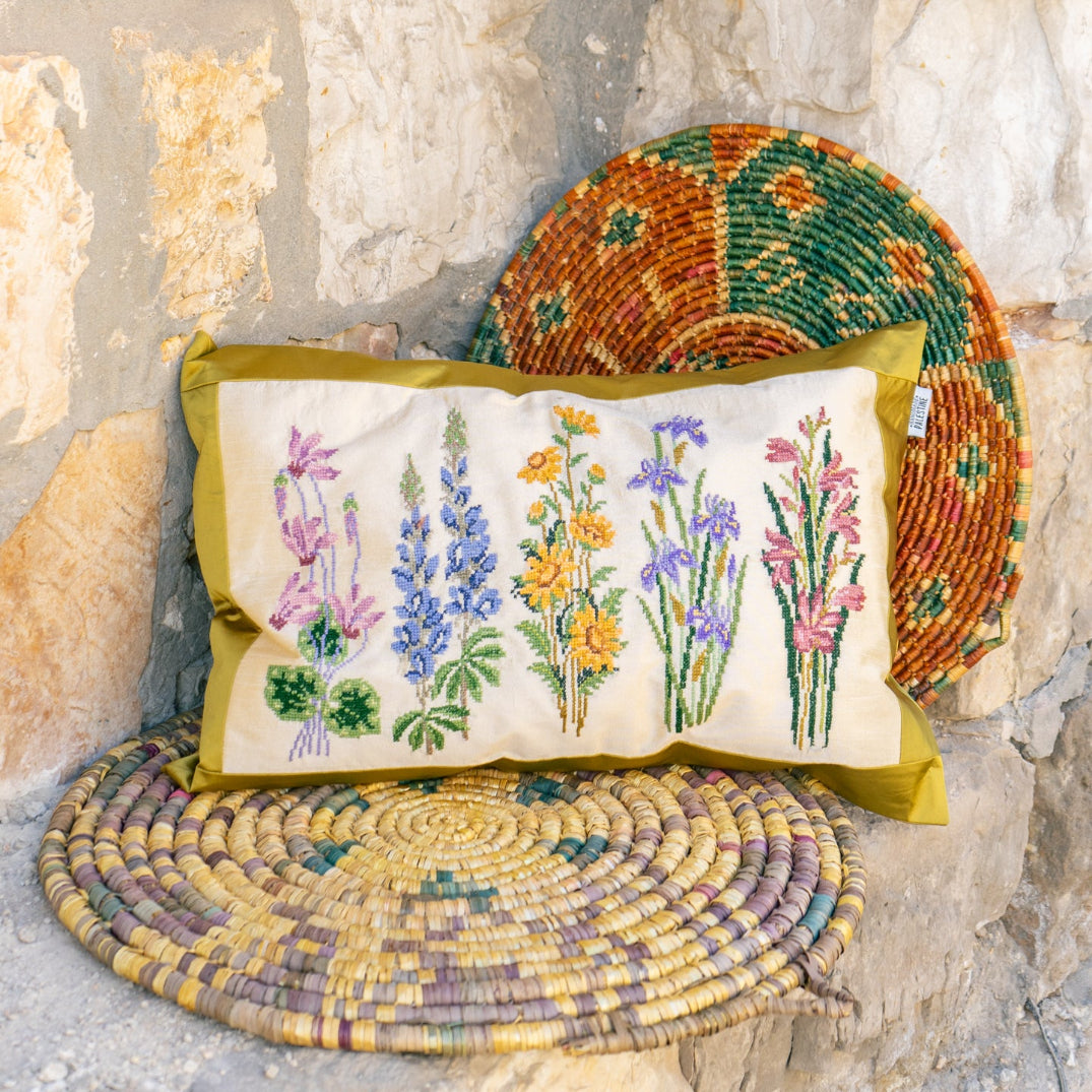 Palestinian Wildflowers in Tatreez | Floral Embroidery on Cushion Cove